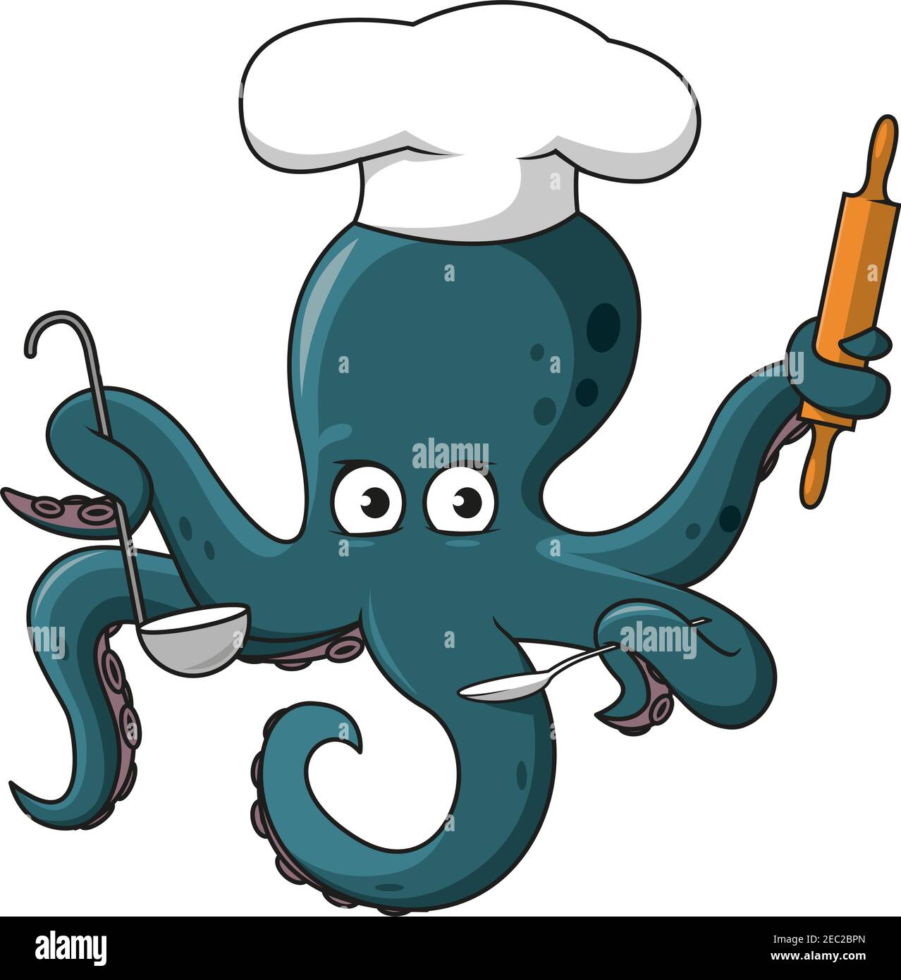 Cute cartoon blue octopus chef in white cook hat character with spoon ...