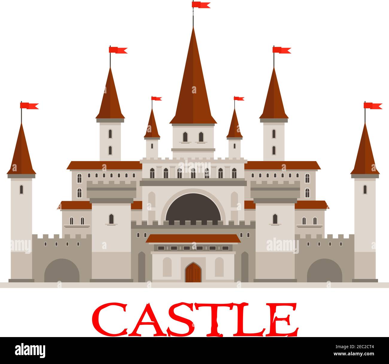 Medieval castle or fortress icon with red flags on conical turrets ...