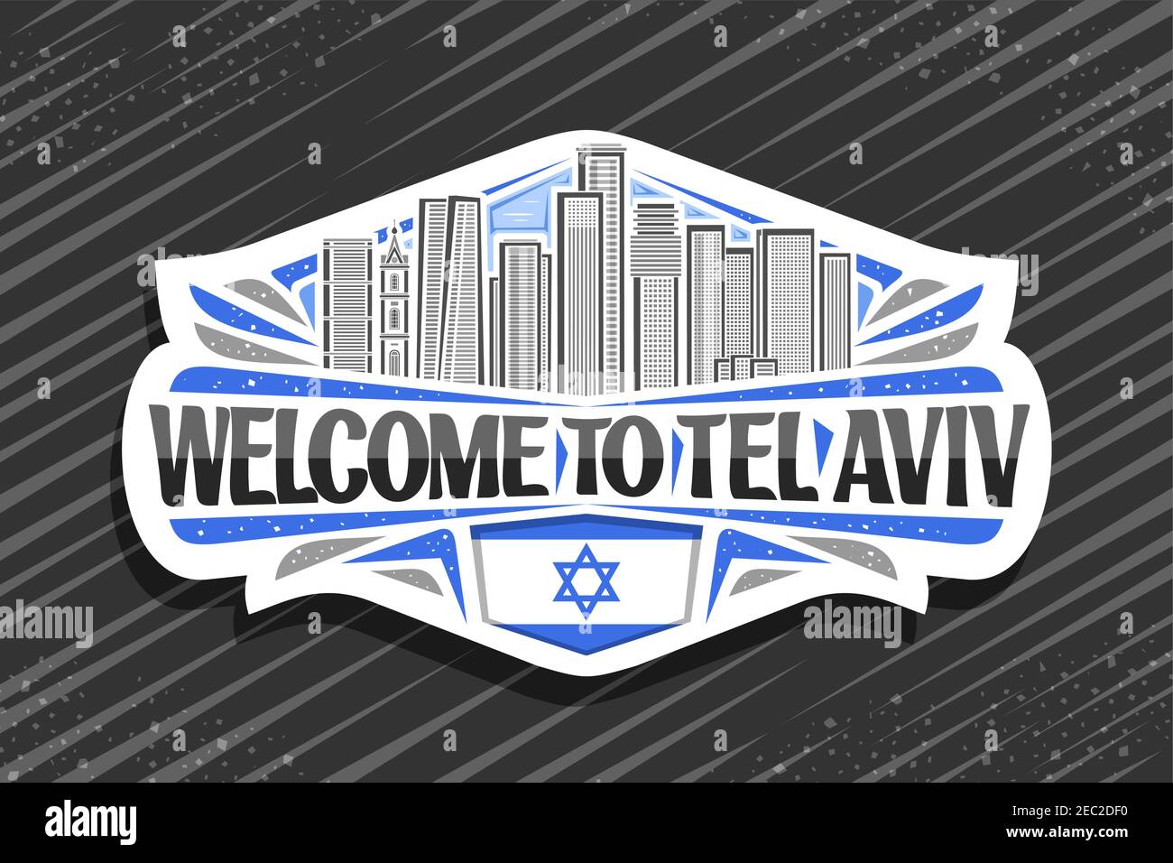 Vector logo for Tel Aviv, white decorative tag with illustration of ...
