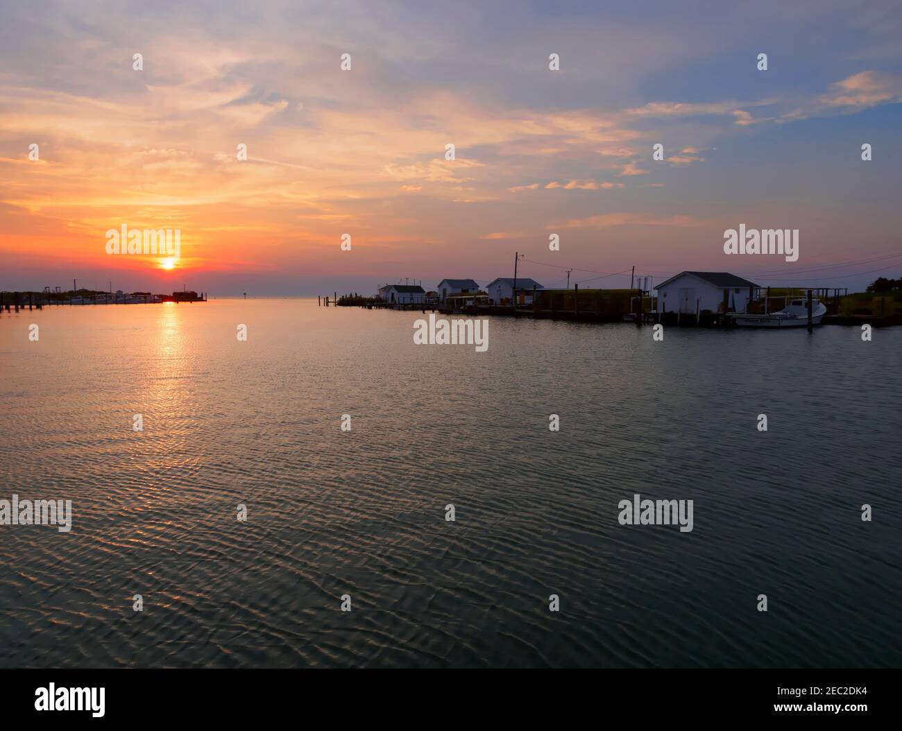 Fishing shanties at sunset, Tangier Island, Chesapeake Bay Stock Photo ...