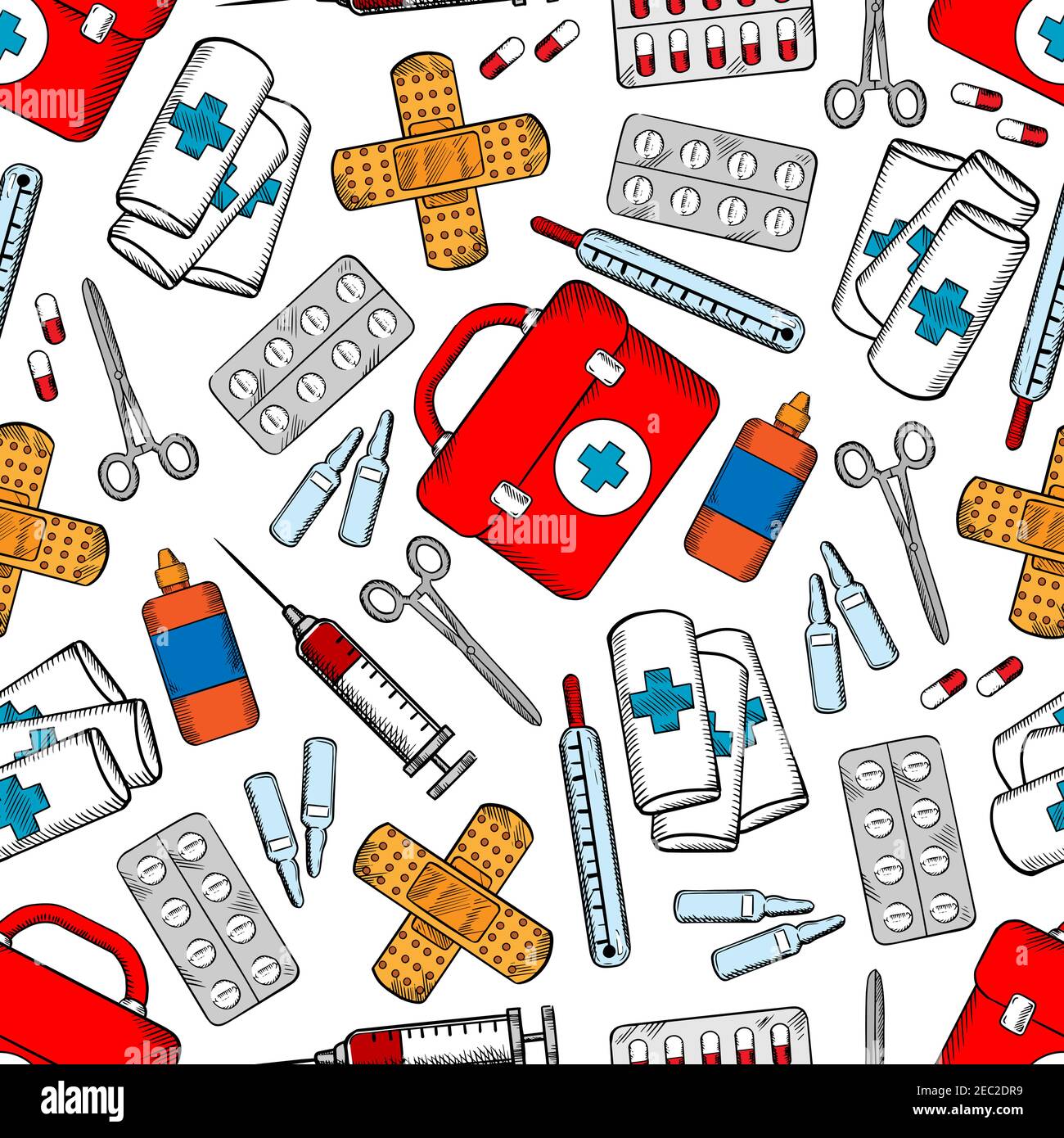 Medicines and medical supplies background with colored sketched ...