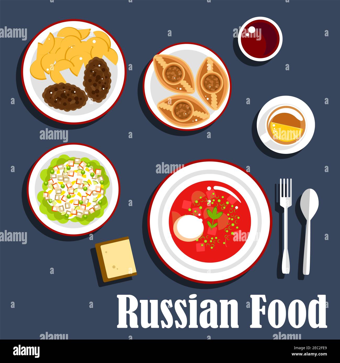 Typical russian dinner icon with flat symbols of borscht, with sour ...