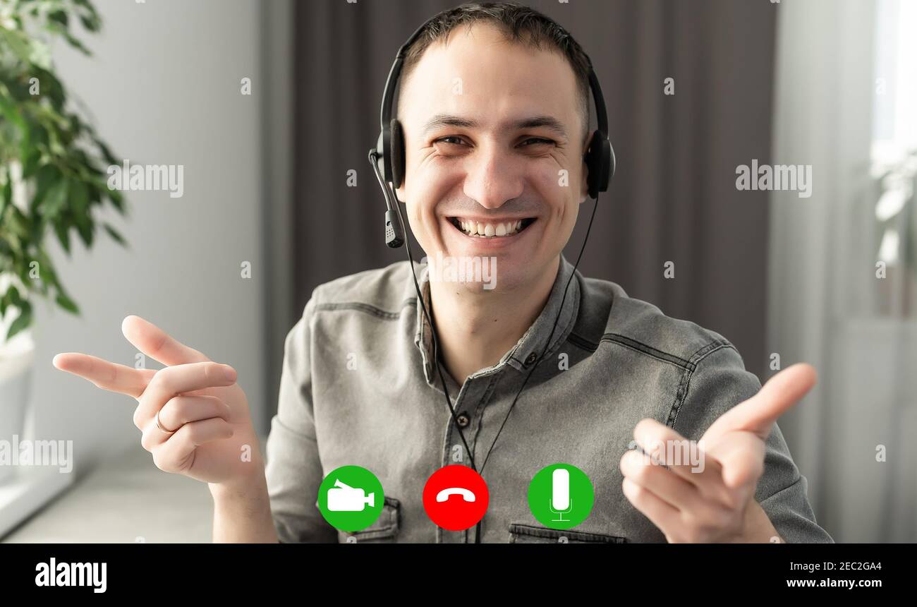 Headshot portrait screen application view of young businessman talk on ...