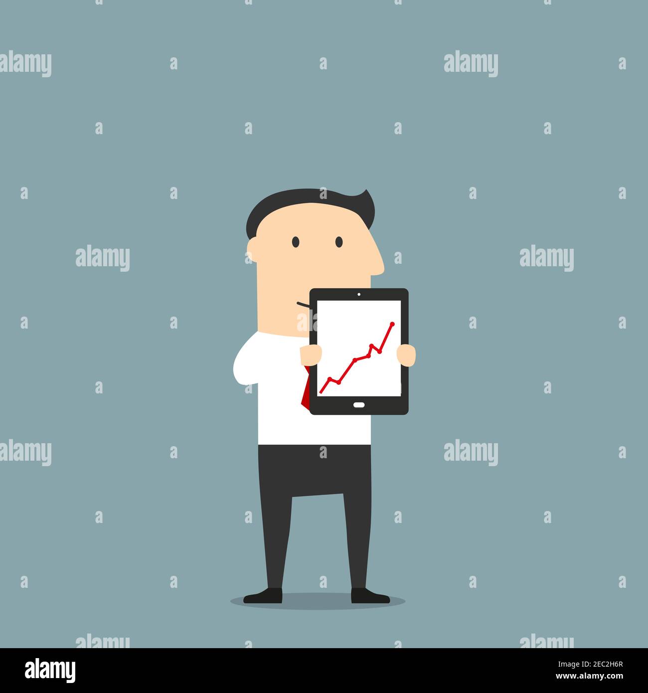 Cartoon friendly smiling businessman is presenting a tablet pc with ...