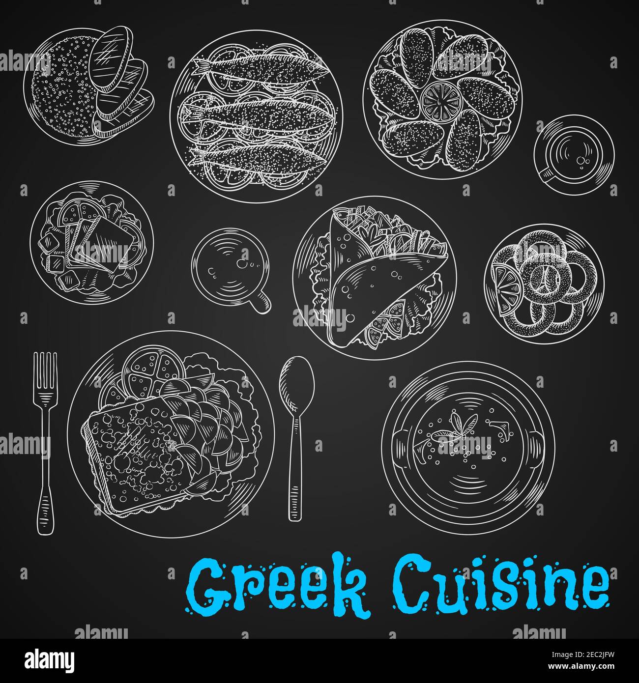 Chalkboard restaurant menu of greek cuisine symbol with chalk sketched ...
