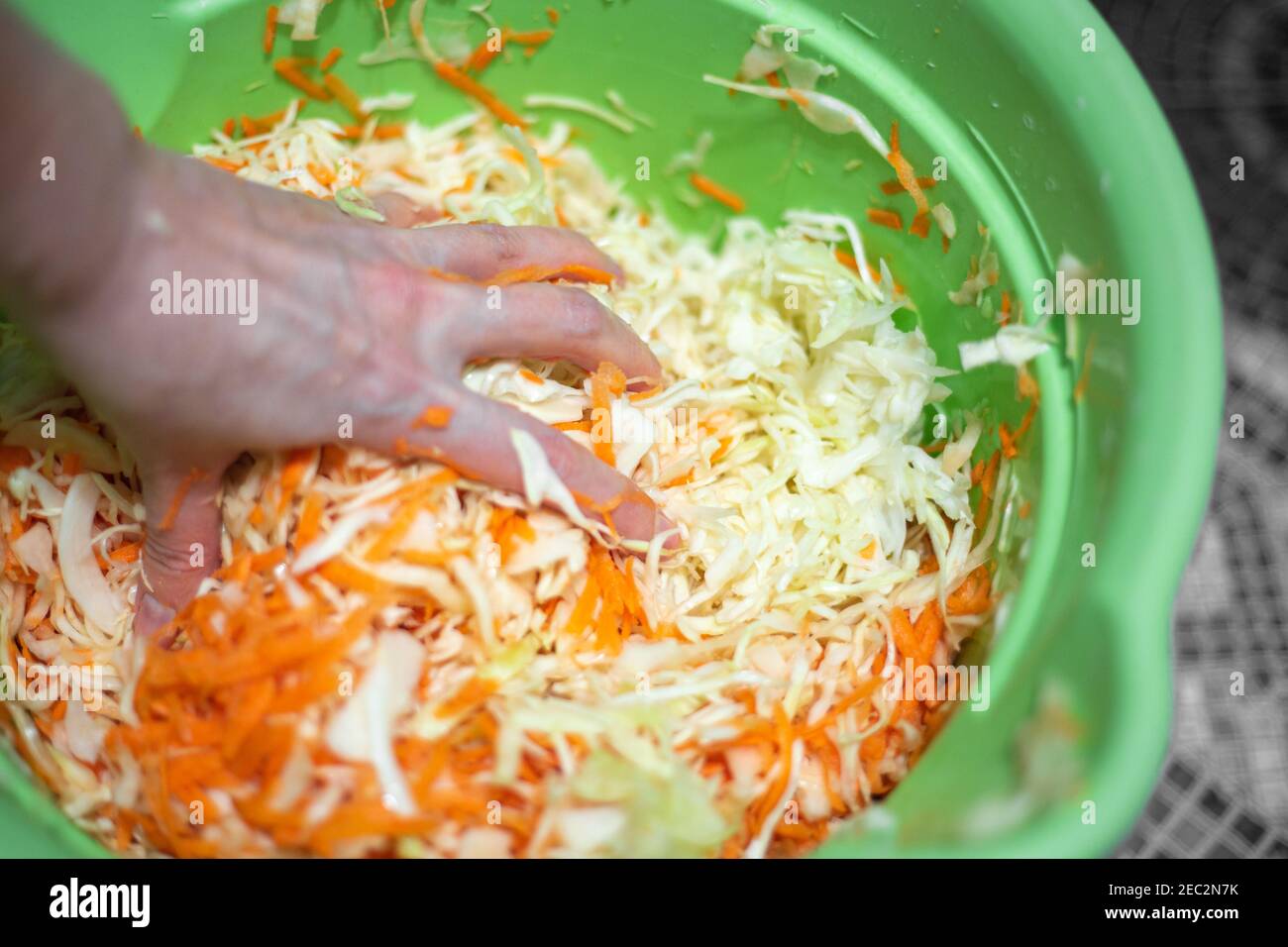salting of fresh white cabbage, mixing with carrots in a large ...