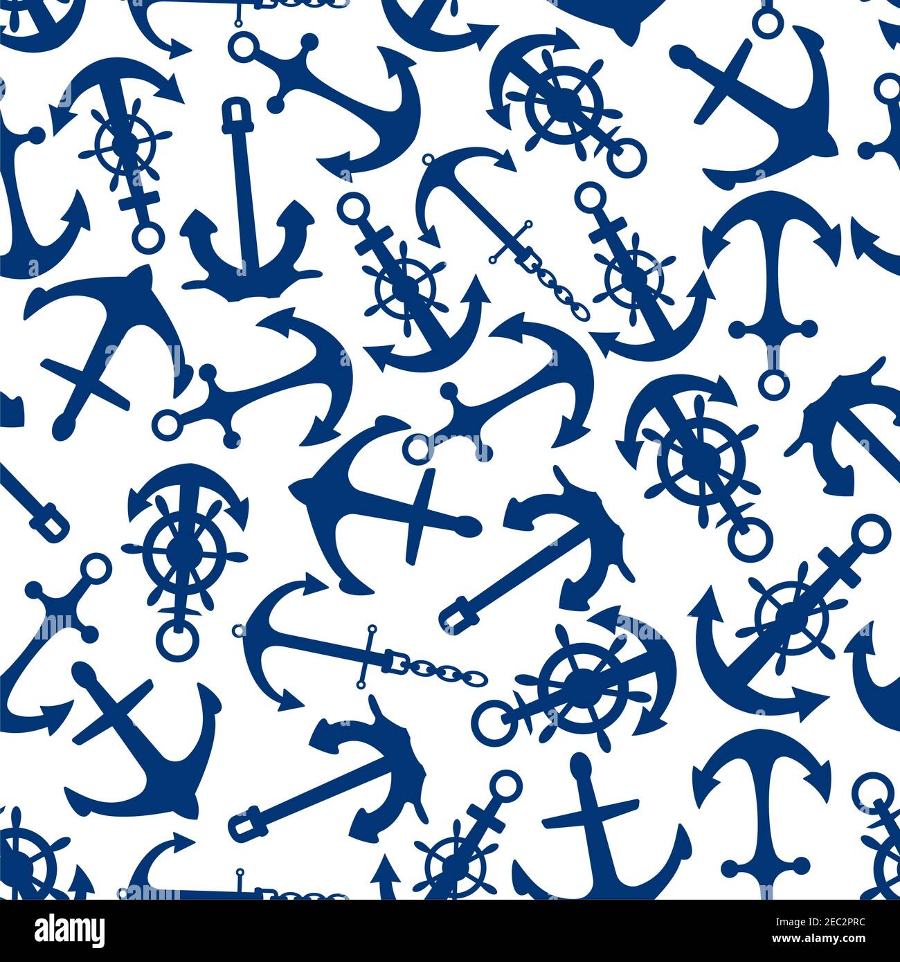 Marine themed seamless pattern of blue ship anchors with vintage helms ...