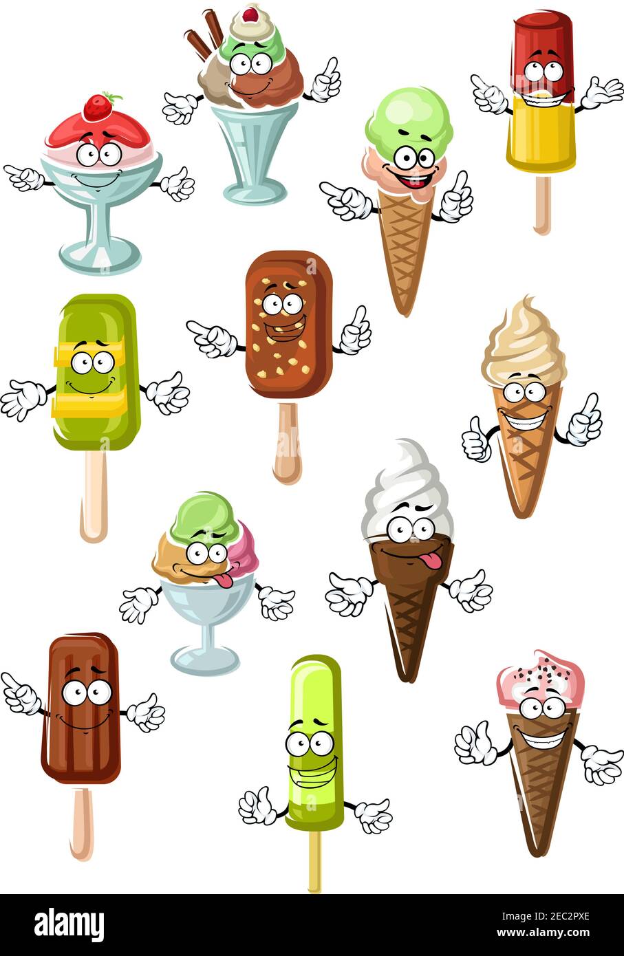 Colorful cartoon ice cream characters with vanilla, strawberry, caramel ...