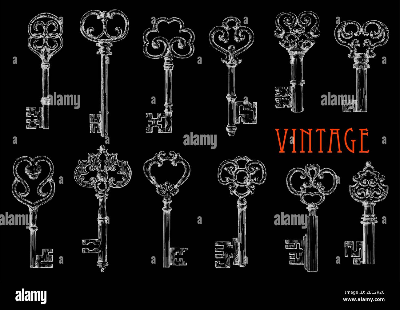 Chalk sketches of vintage victorian skeleton keys on blackboard. Door ...