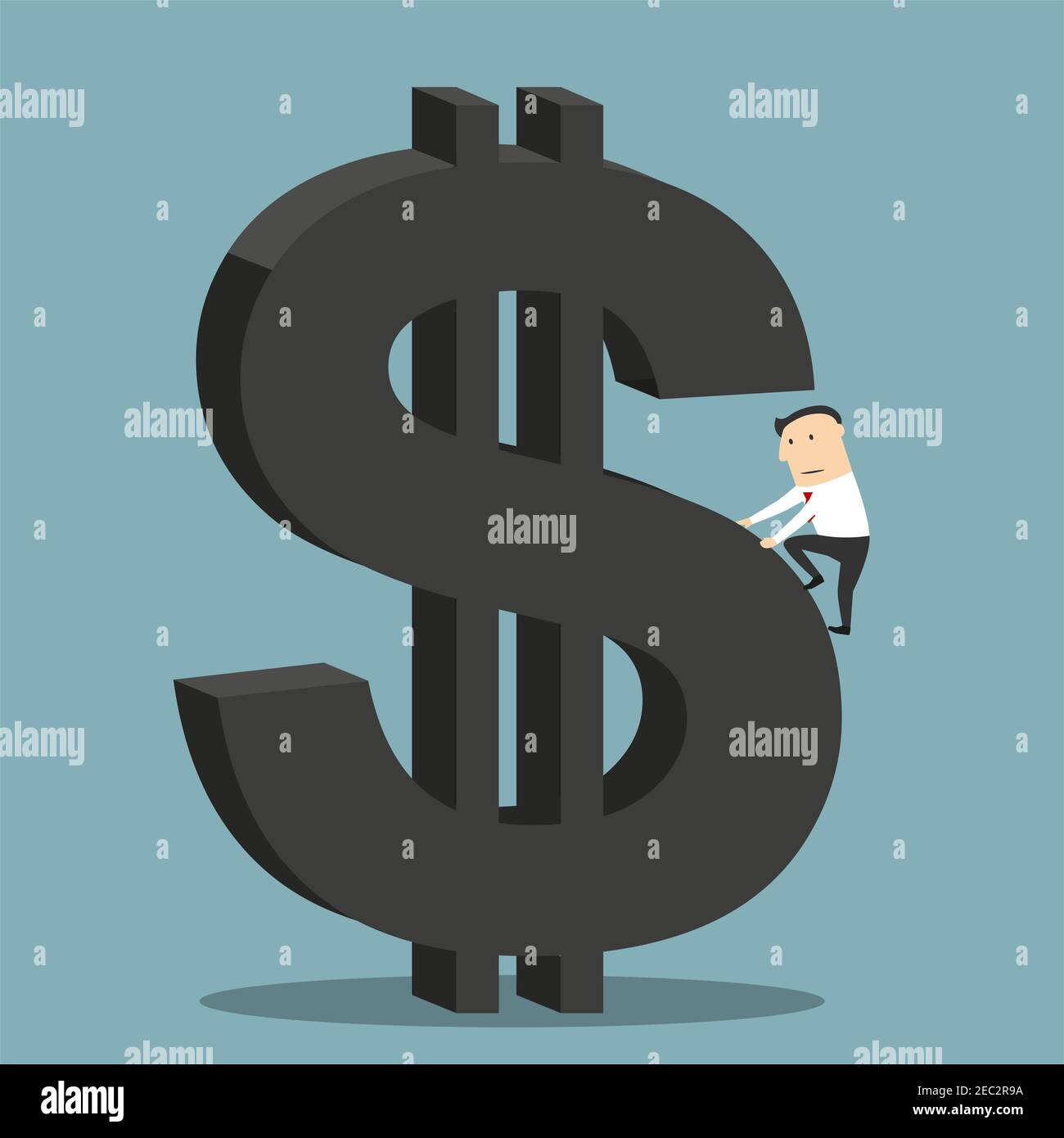 Ambitious cartoon businessman is climbing up on the top of huge dollar ...