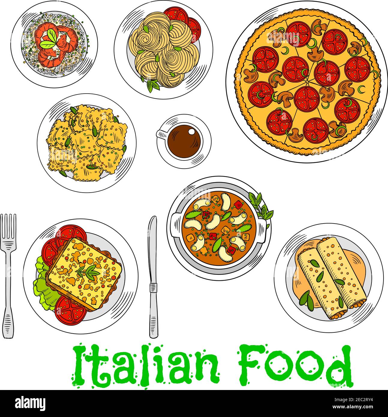 Italian vegetarian pizza icon served with spaghetti, seafood risotto ...