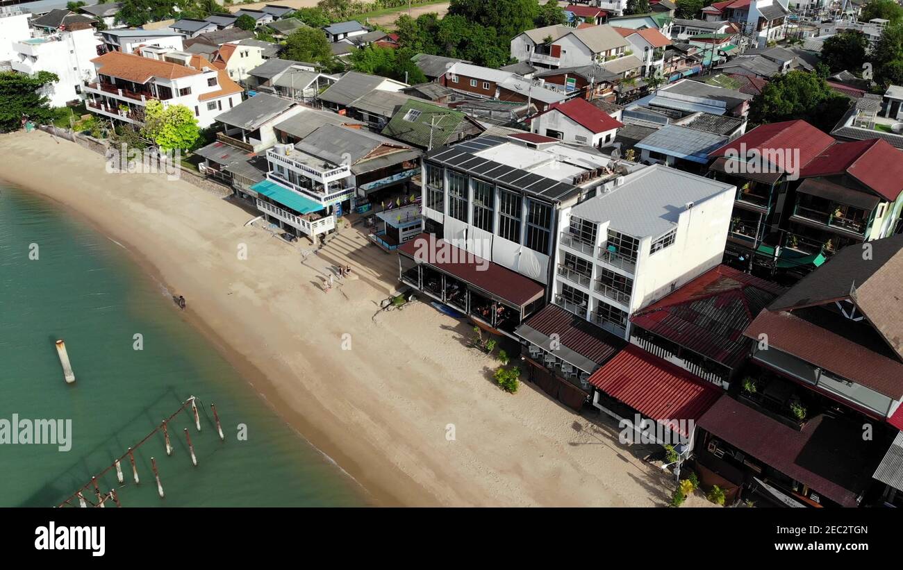 Fisherman village on seashore. Aerial view of typical touristic place ...