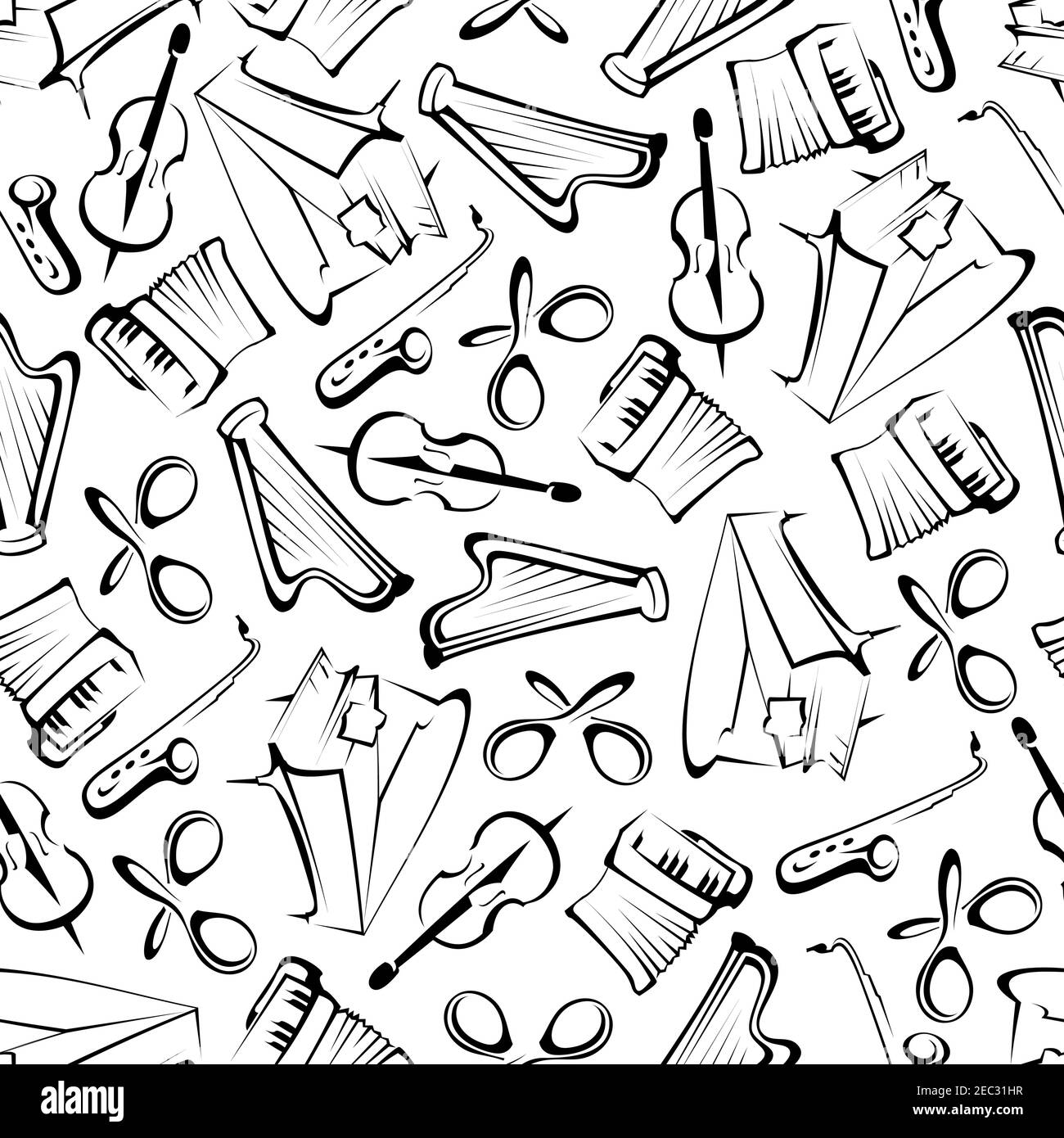 Black and white sketched musical instruments background for arts theme ...