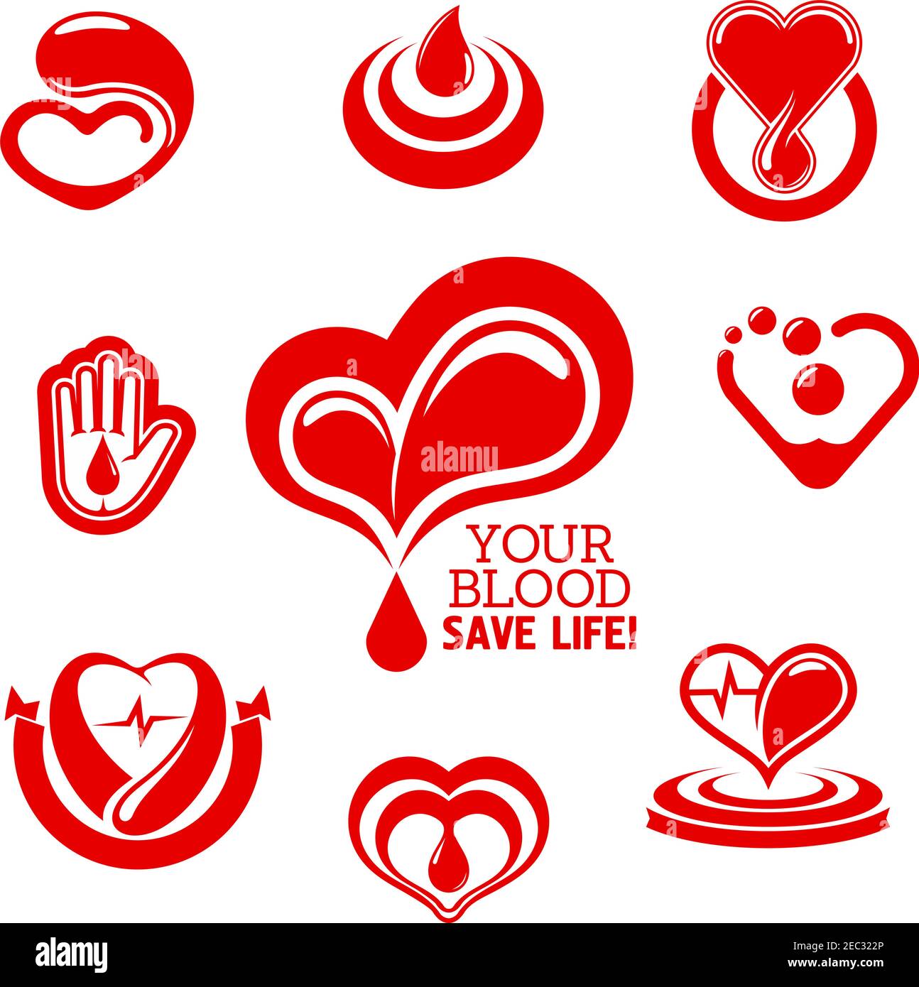 Blood donation conceptual symbols with bright red hearts with pulse ...