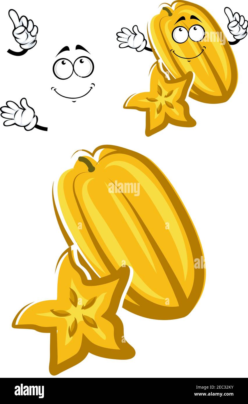 Bright yellow, shiny skinned cartoon carambola fruit character with ...