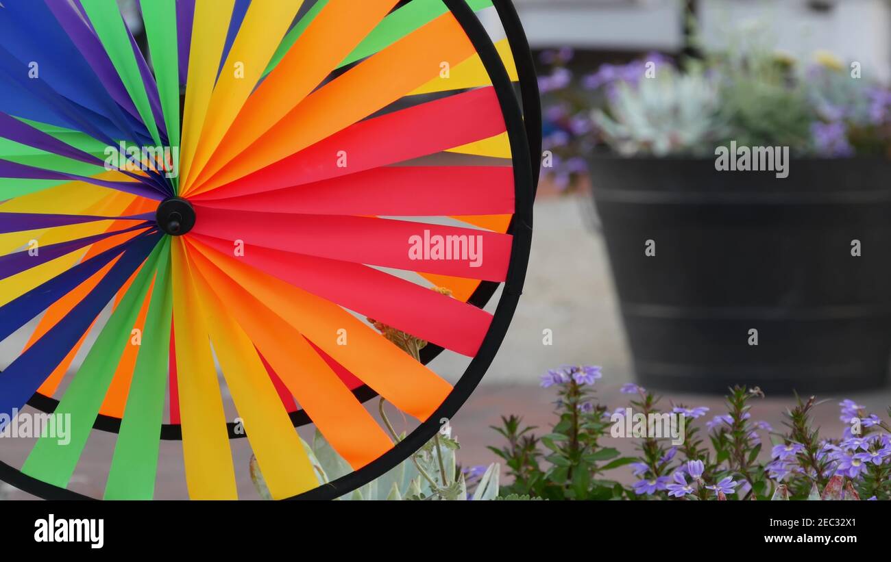 Colorful pinwheel spinning, weather wind vane, garden decoration in USA ...