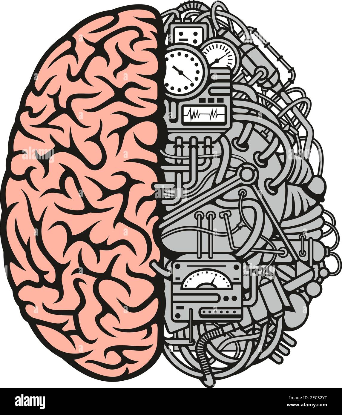 Brain machinery cartoon symbol with right hemisphere as an anatomically ...