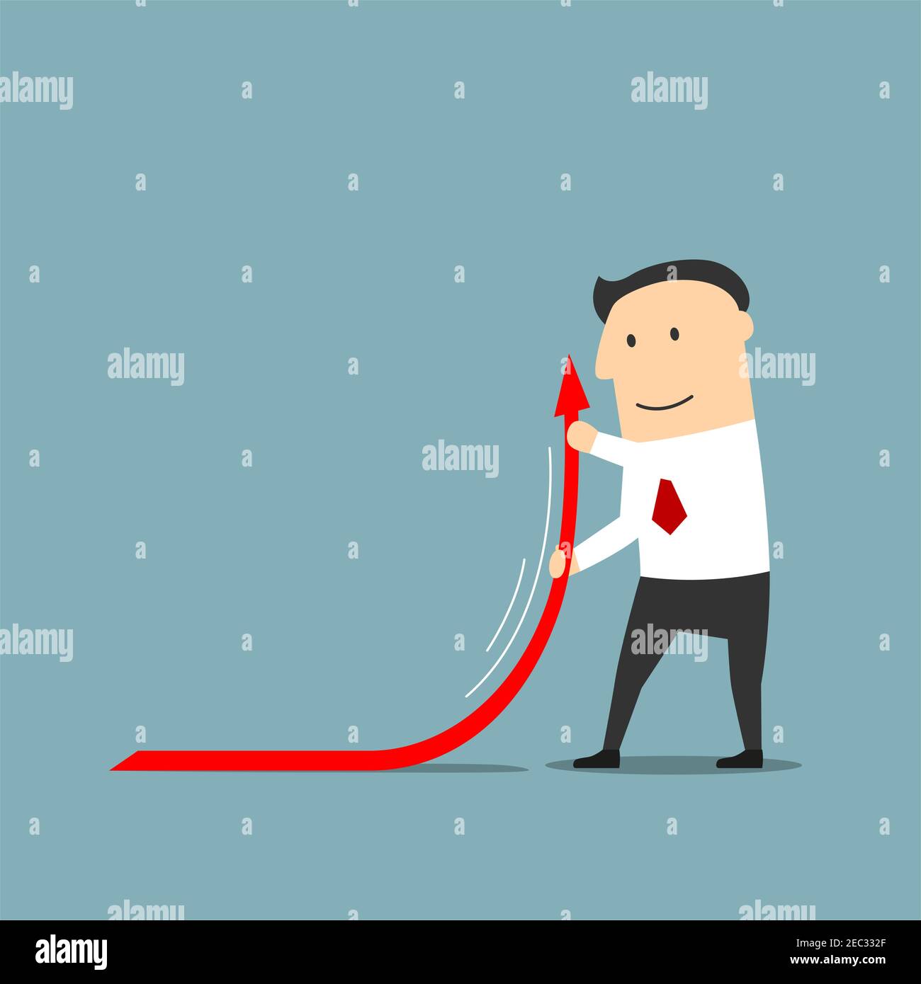 Confident smiling cartoon businessman raising up red arrow of financial ...