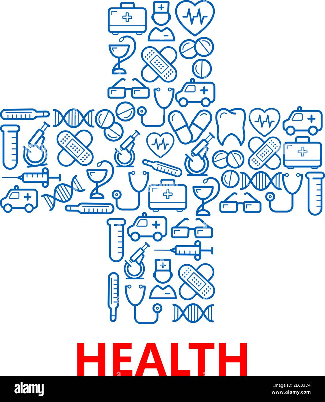 Blue medical hospital cross symbol with outlined icons of doctors and ...