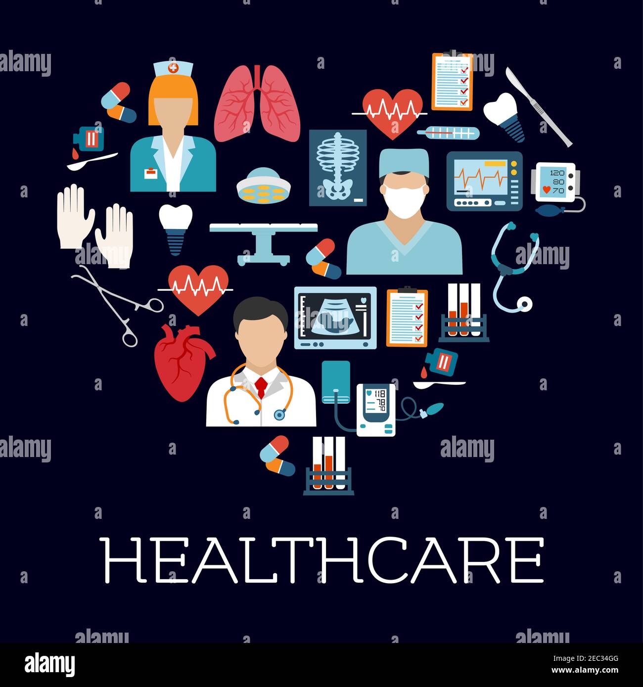Medical service and surgery symbols in a shape of heart with flat icons ...