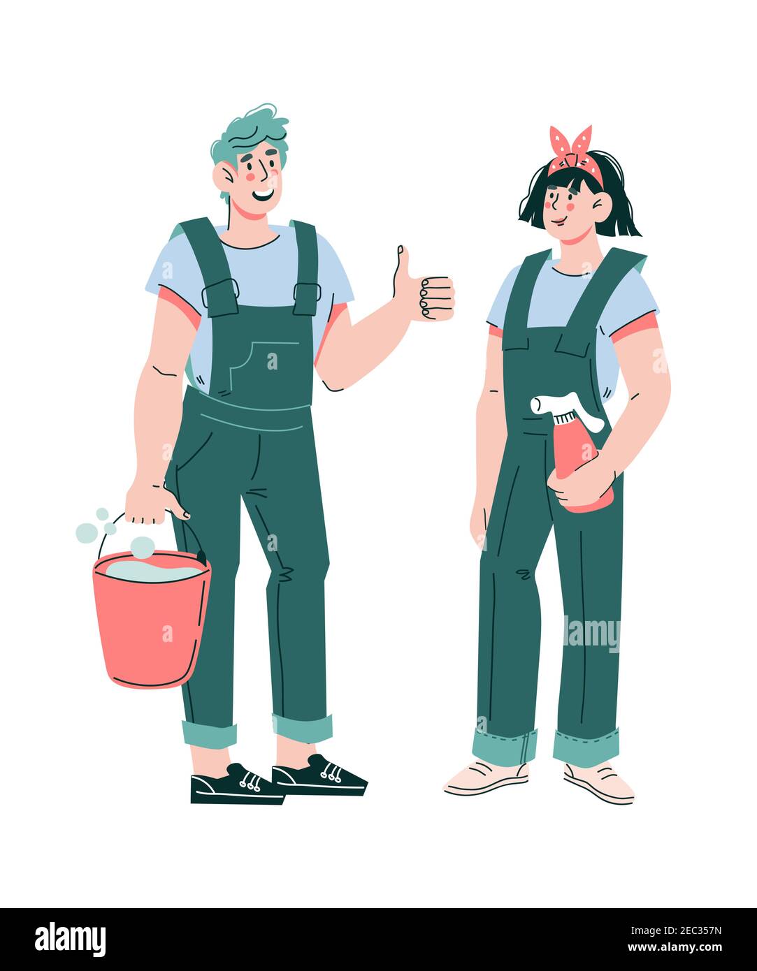 Friendly smiling cleaners in work uniform, cartoon vector illustration ...