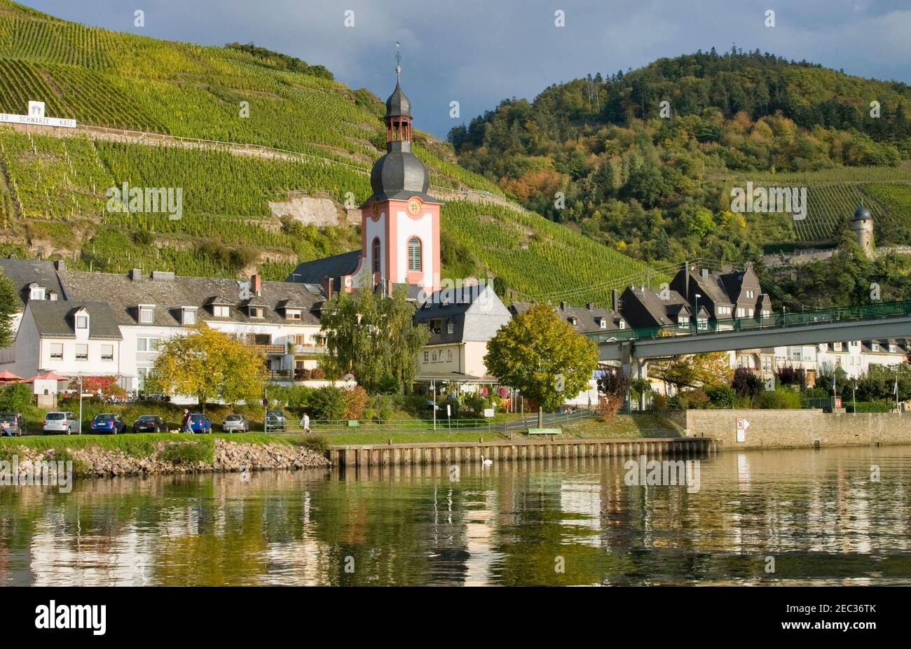 The pretty village of Zell with a backdrop of wineries on the Mosel ...