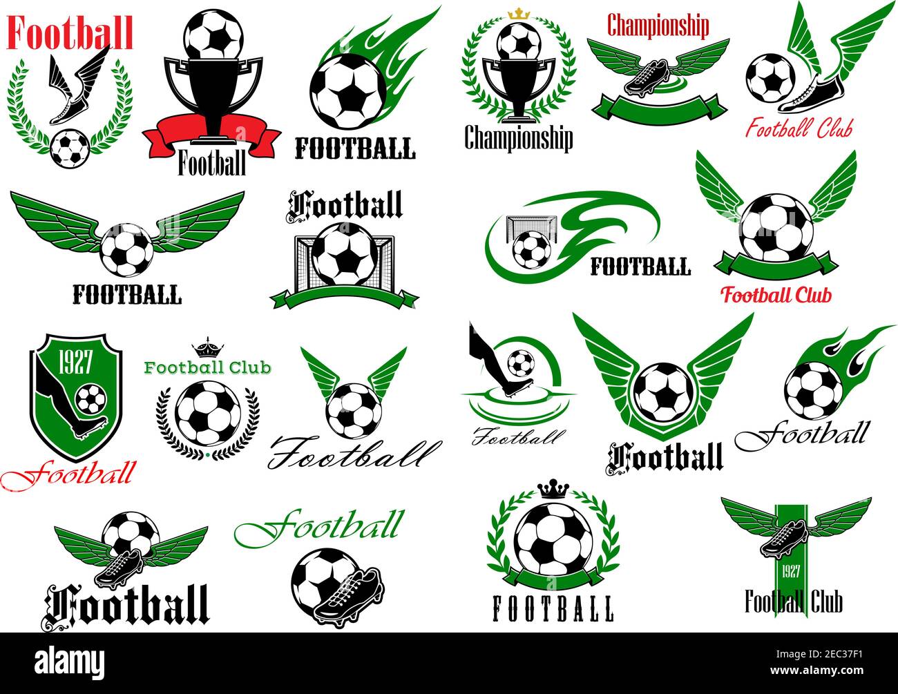 Winged football or soccer balls and shoes with trophies and gates signs ...