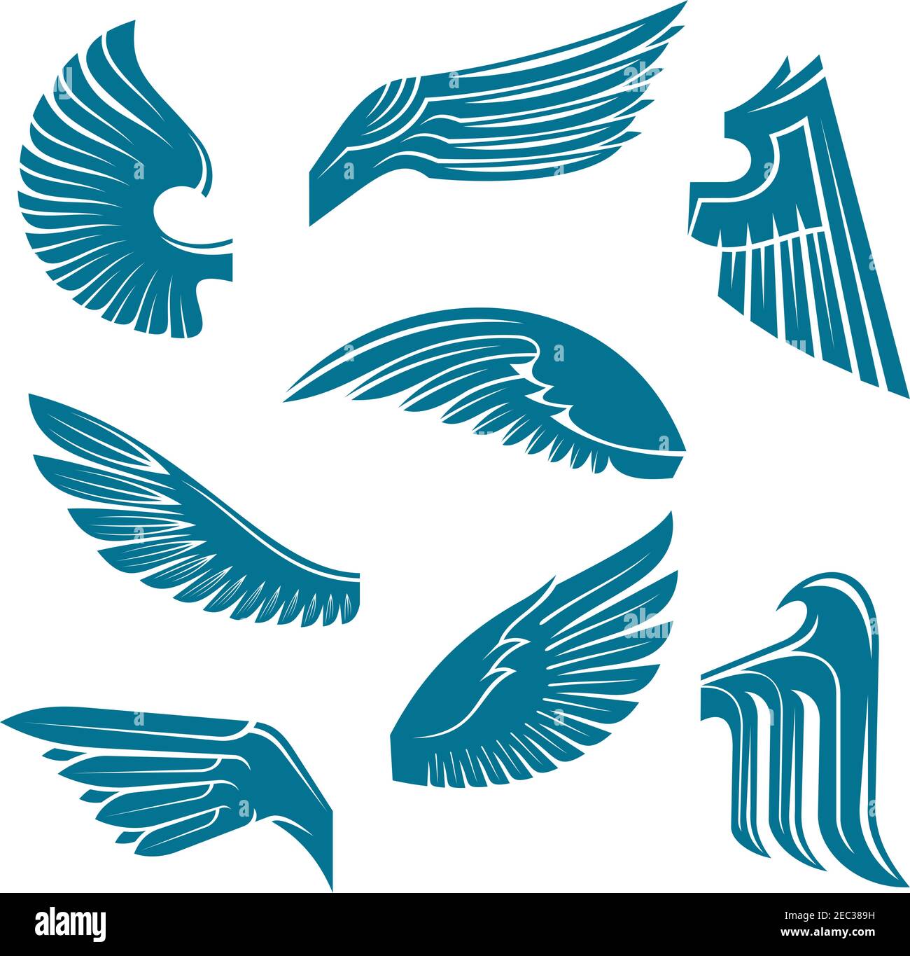 Tucked and spread wings vintage heraldic symbols of blue feathered ...