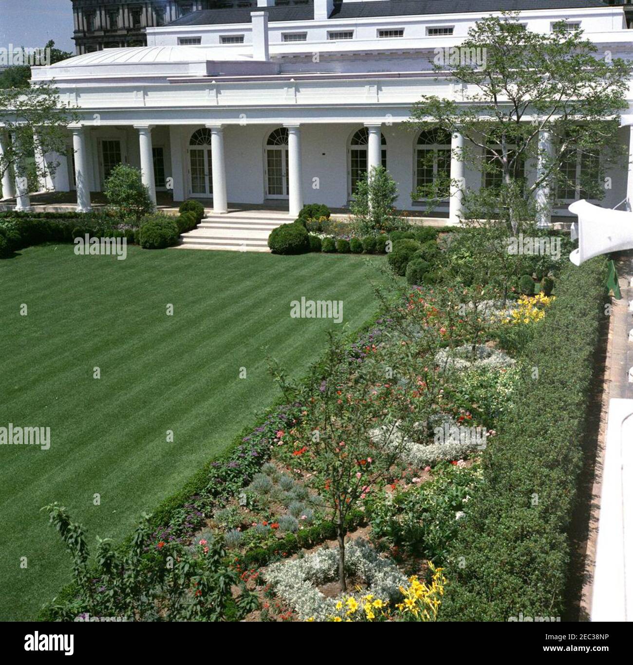 Rose Garden, views. View of the Rose Garden along the West Wing ...