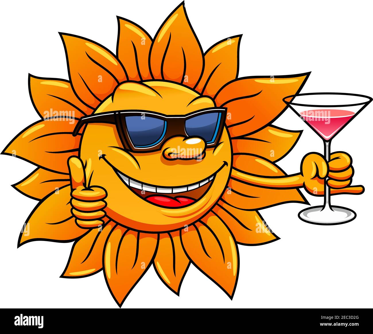 Happy bright hot sun cartoon character in sunglasses is drinking ...