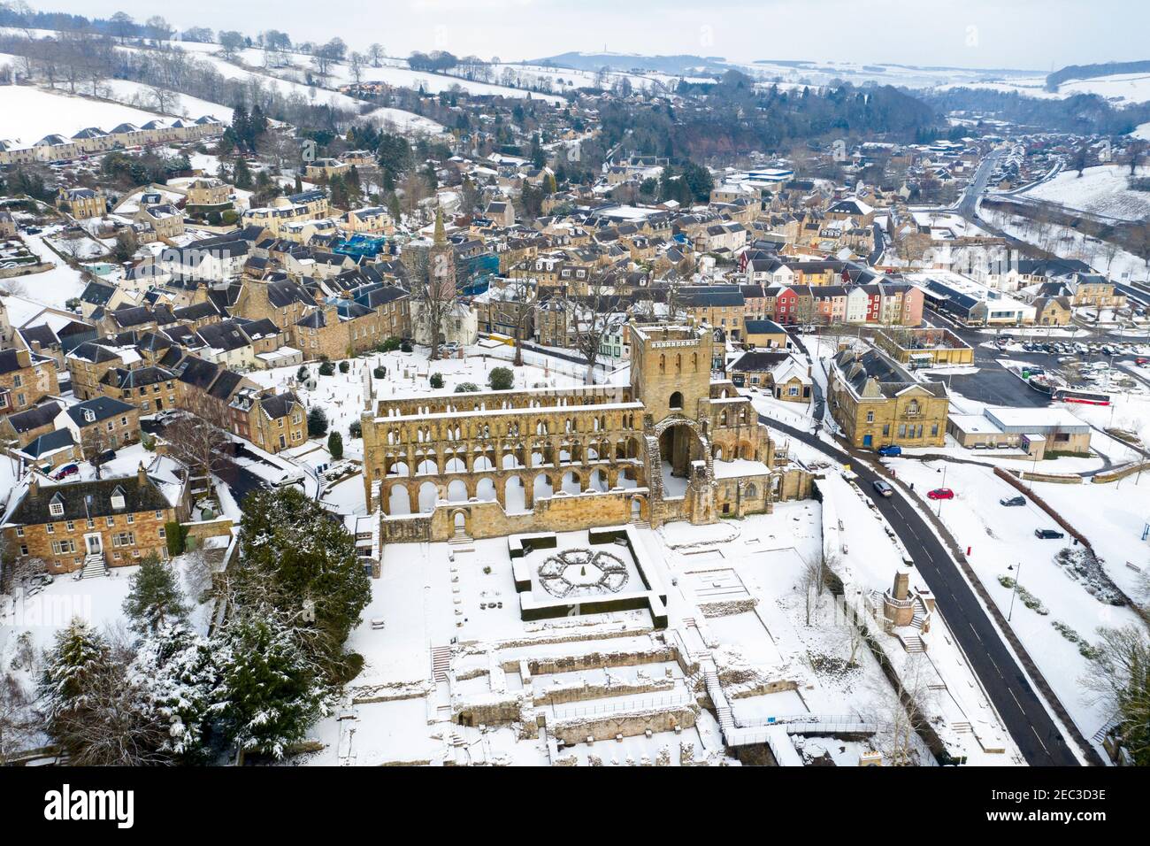Aerial view of the historic Jedburgh Abbey and the border town of ...