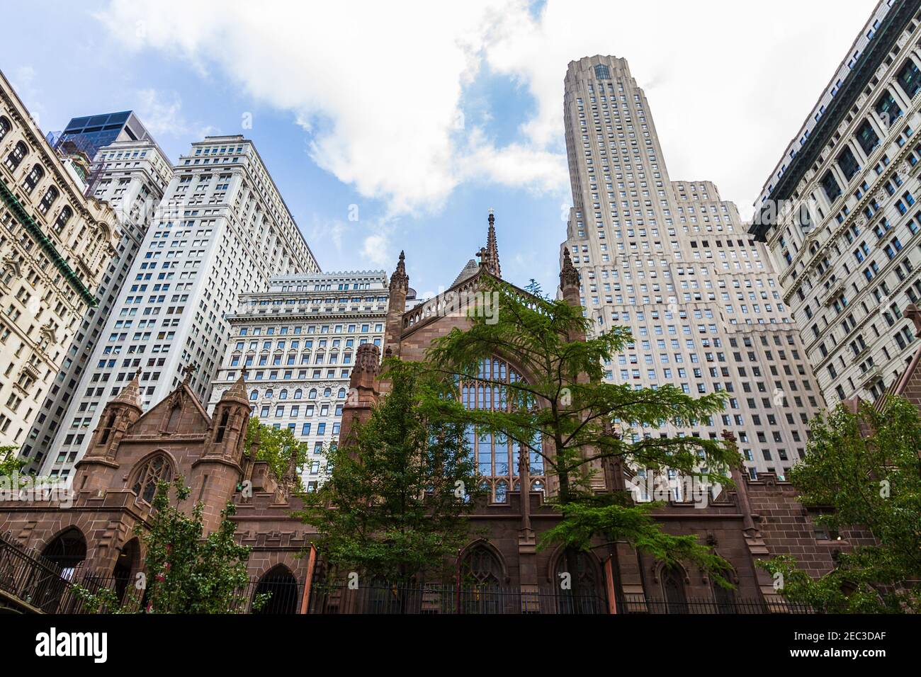 View of the top front part of Trinity Church in the Financial District ...