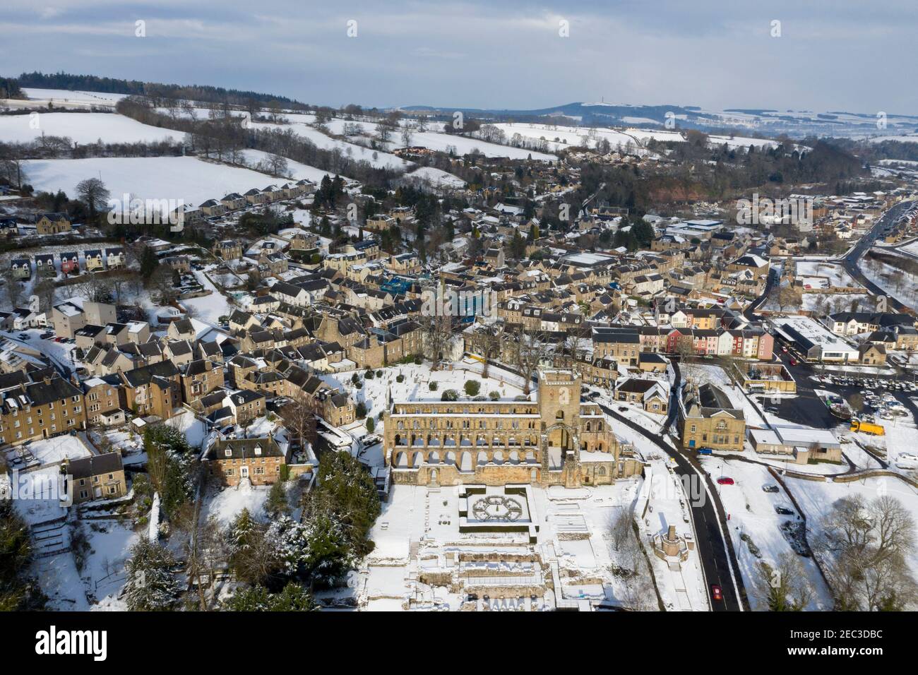 Aerial view of the historic Jedburgh Abbey and the border town of ...