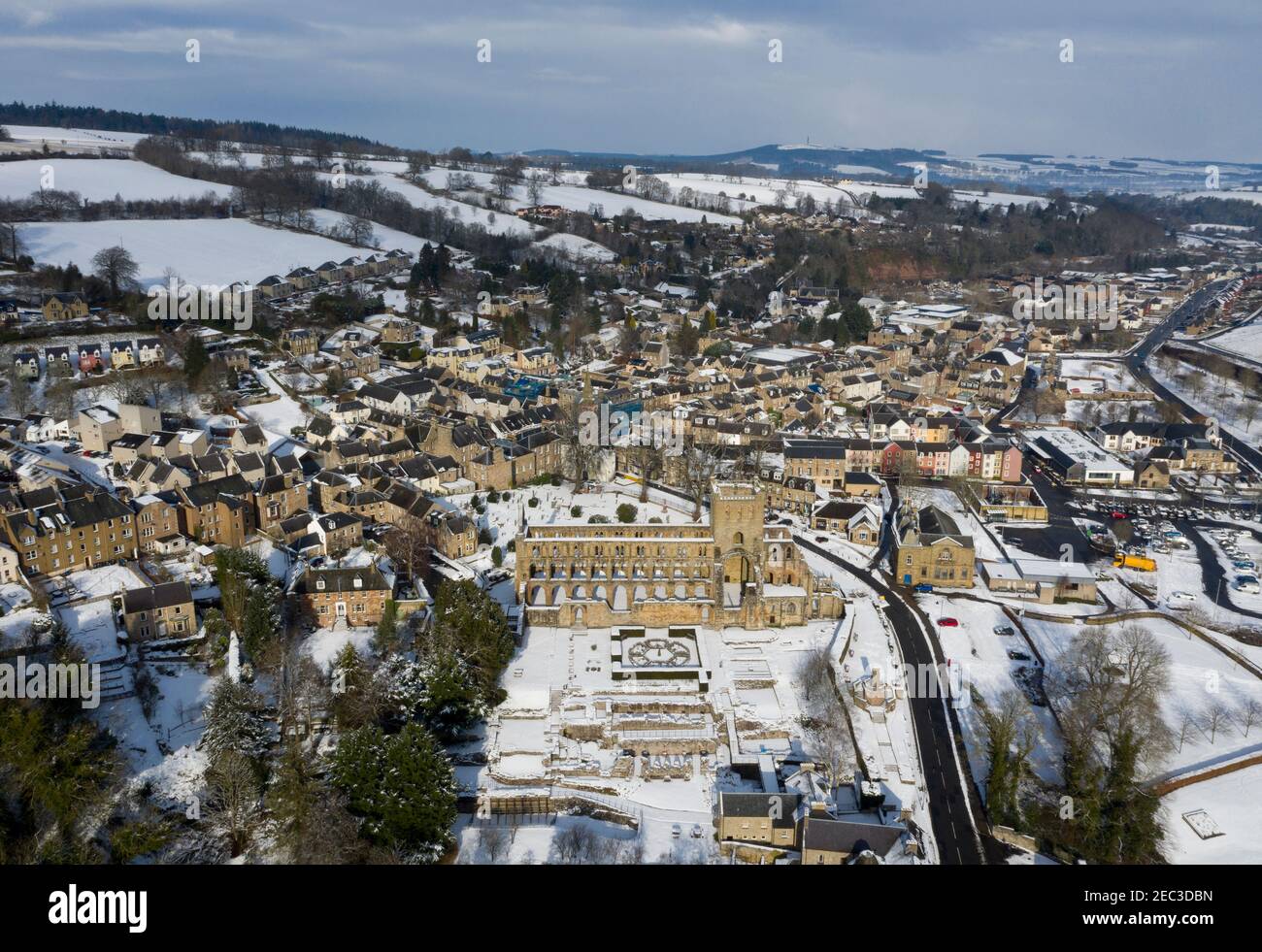 Aerial view of the historic Jedburgh Abbey and the border town of ...