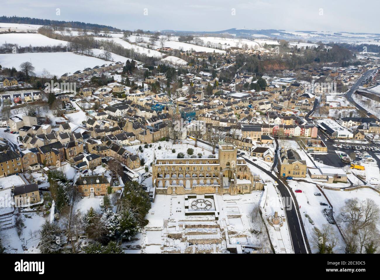 Aerial view of the historic Jedburgh Abbey and the border town of ...