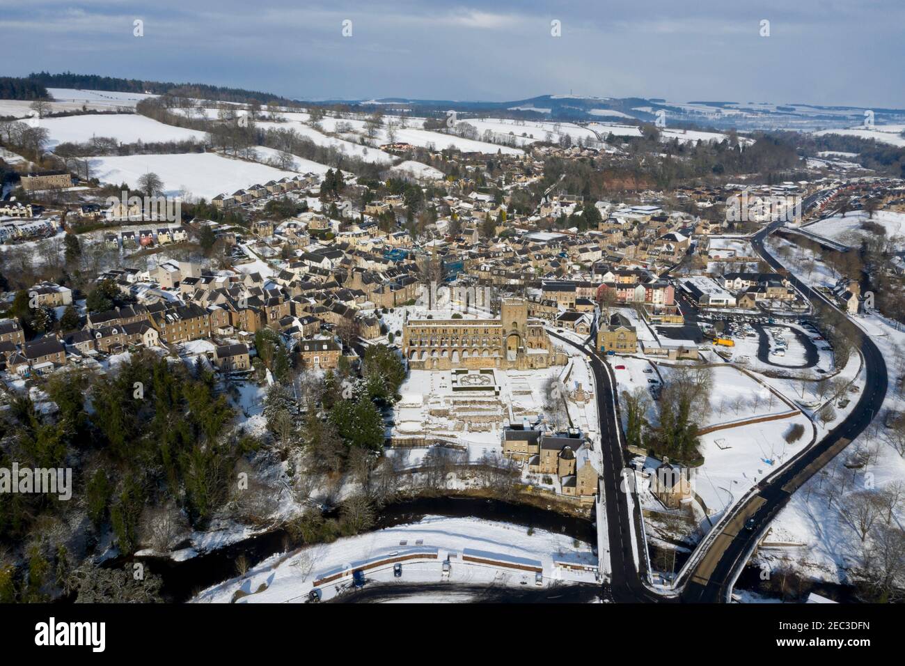 Aerial view of the historic Jedburgh Abbey and the border town of ...