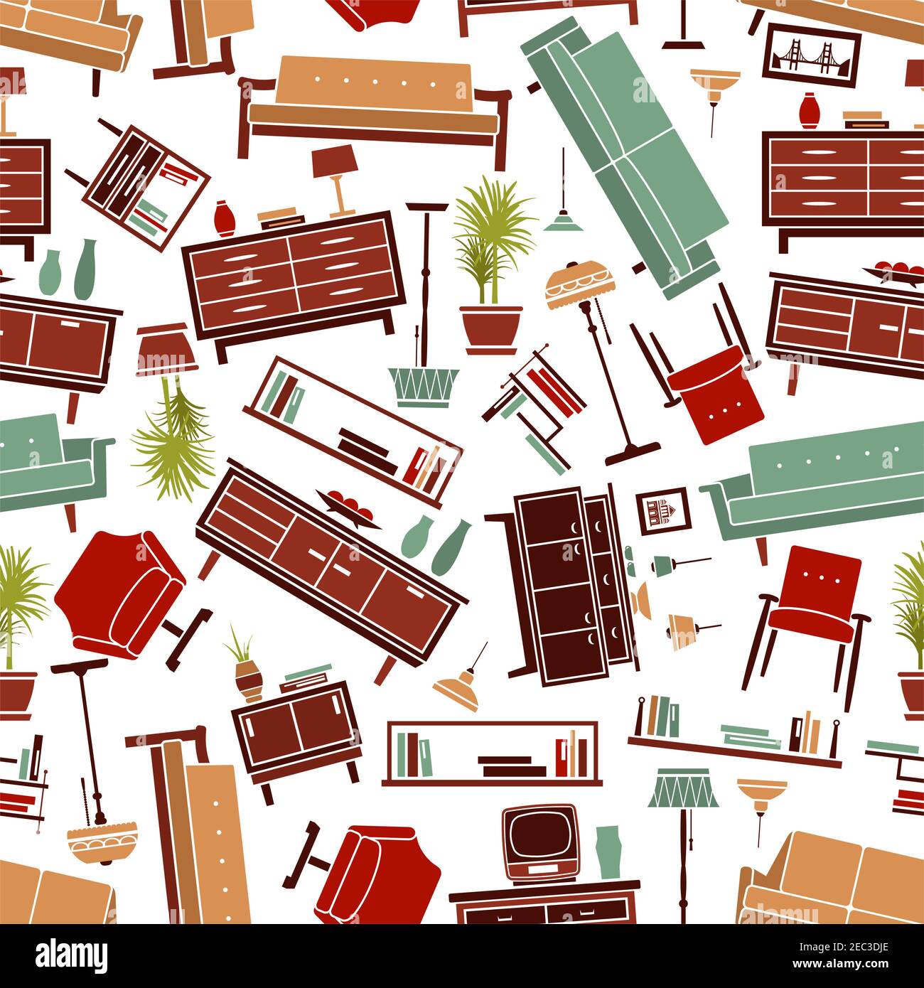 Home interior furniture seamless pattern background with flat retro ...