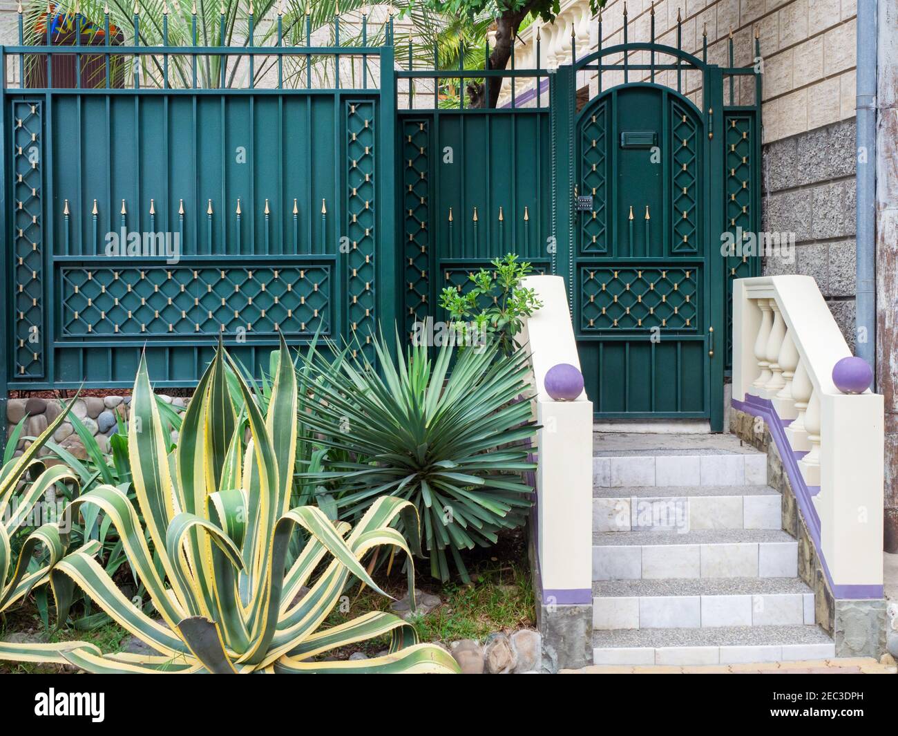 Dark turquoise decorative fence with gate with marble steps and agave ...