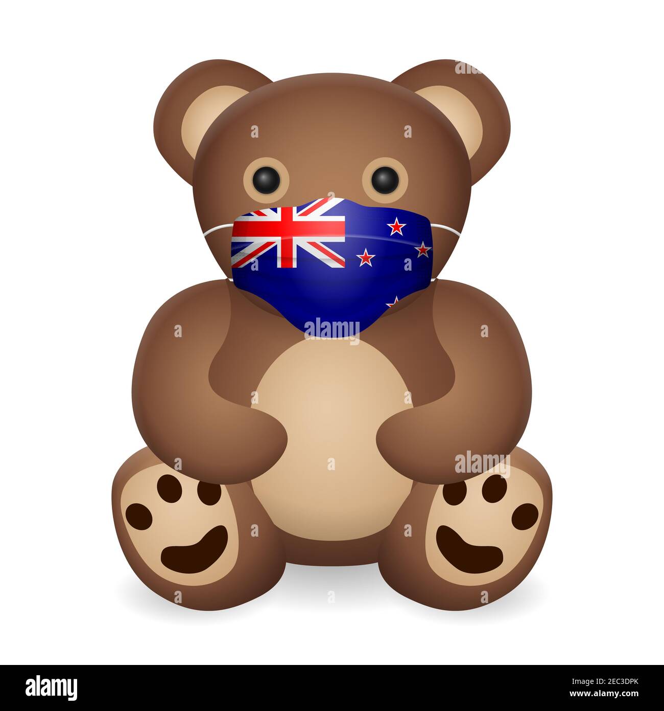 Teddy bear with medical mask New Zealand flag on a white background ...