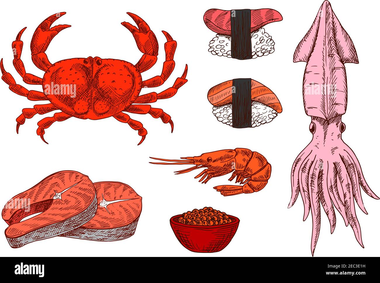 Colored sketched seafood symbols for mediterranean and oriental cuisine ...