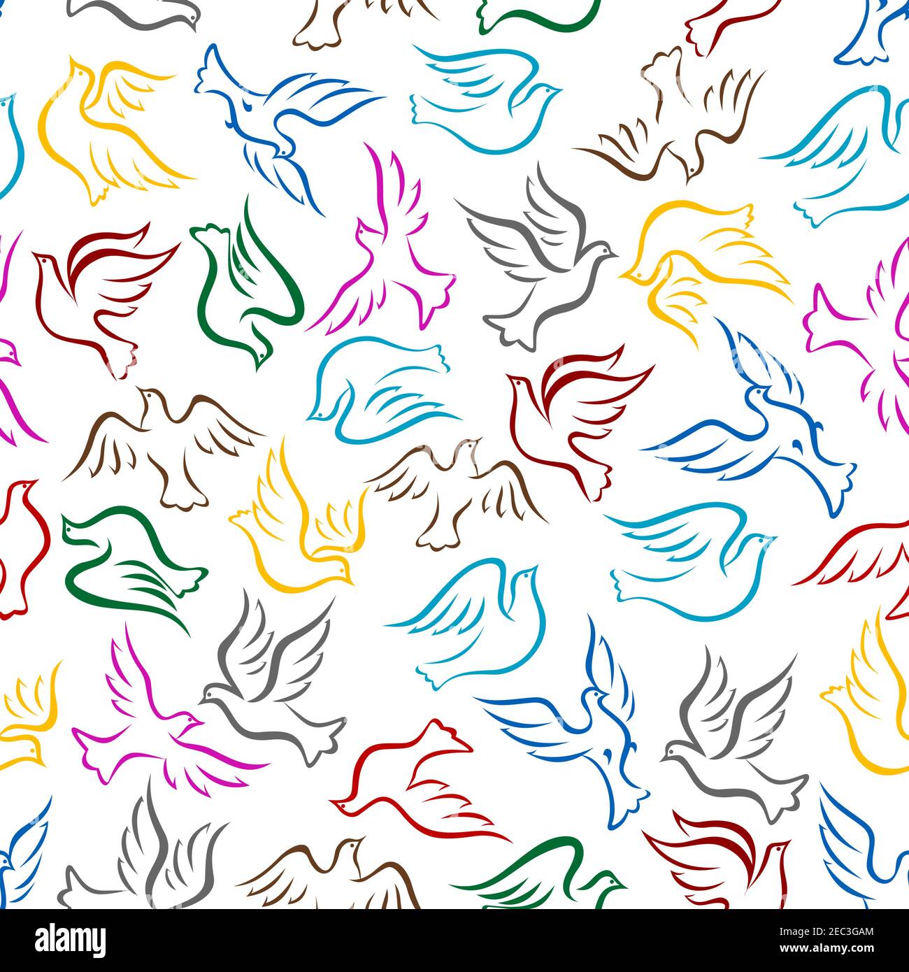 Flying colorful birds seamless pattern on white background with bright ...