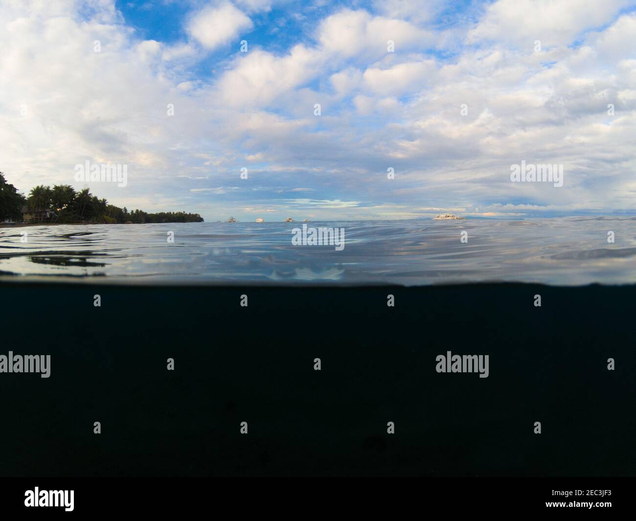 Double landscape with sea and sky. Above and below waterline in ...