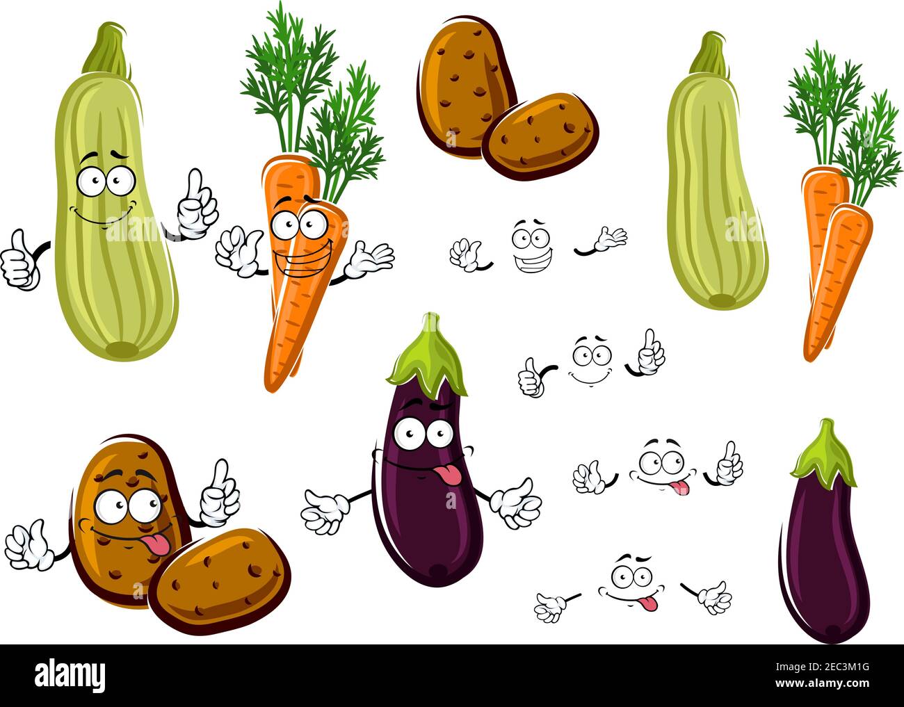 Healthful cartoon purple eggplant, orange carrots with curly leaves ...