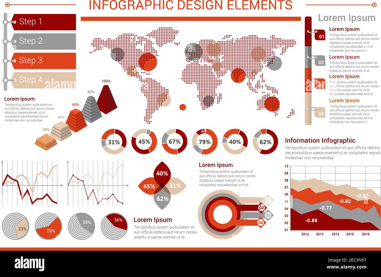Charts, graphs and map for infographics design usage with pie, pyramid ...