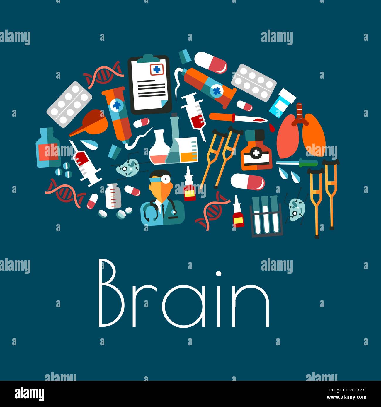 Aggregate symbol of human brain with flat icons of doctor and lungs ...