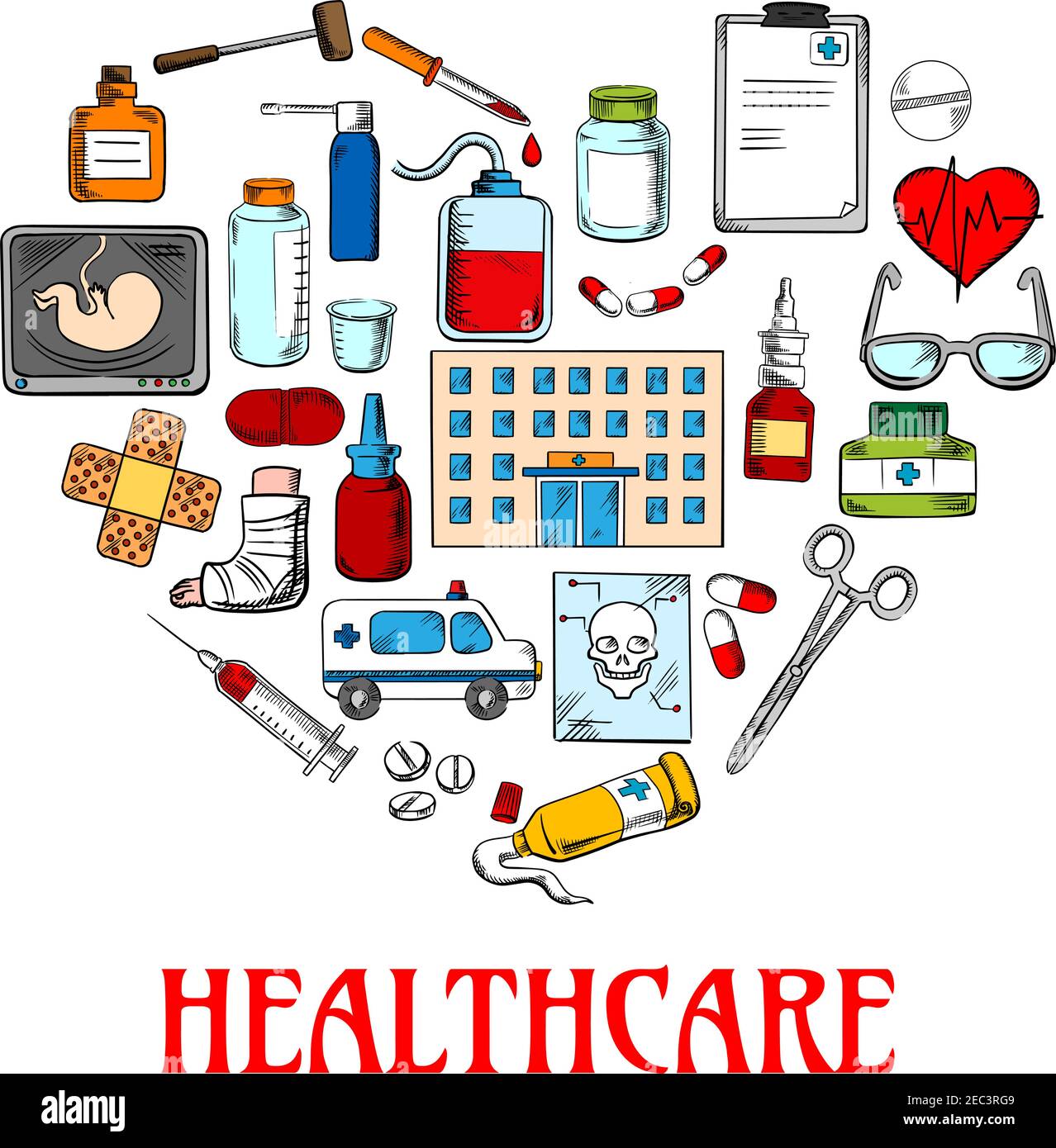 Colored sketch symbol of a heart made up of healthcare and medical ...