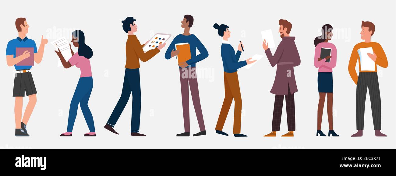 People stand in row vector illustration set. Cartoon young man and ...