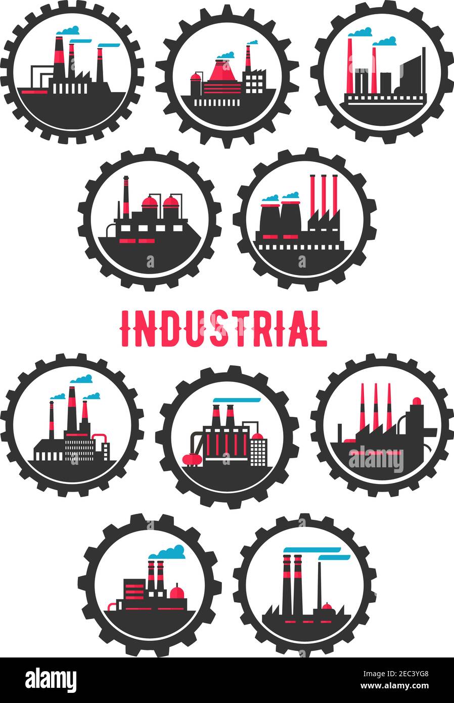 Industrial plants flat symbols framed by gear wheels with chemical ...