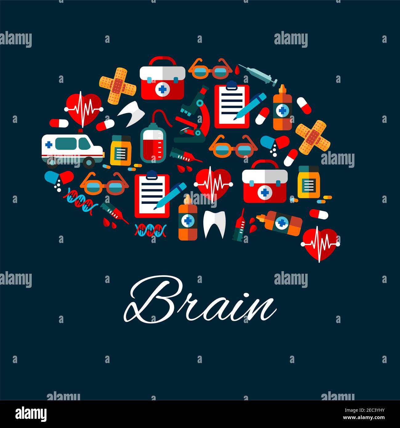 Medication and healthcare symbols create a silhouette of human brain ...