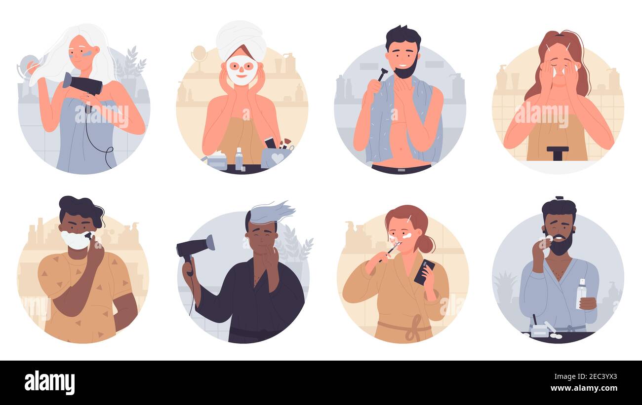 People in morning routine vector illustration set. Cartoon young woman ...